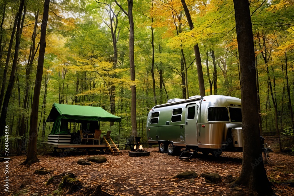 Tranquil camping experience. cozy travel trailer nestled in serene ...