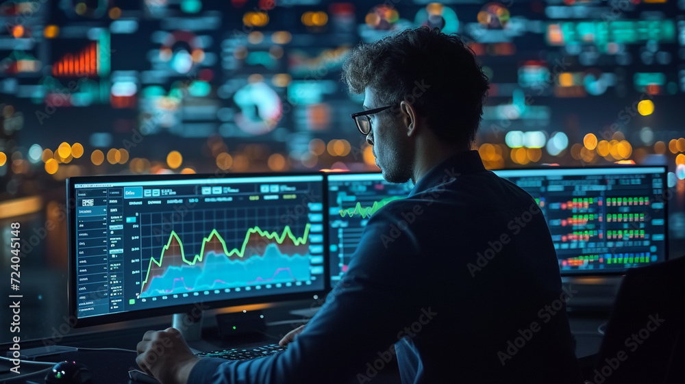 Business analytics, analyst meticulously works on a computer, managing ...