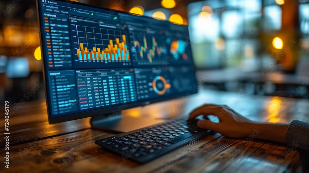 Business analytics, analyst meticulously works on a computer, managing ...