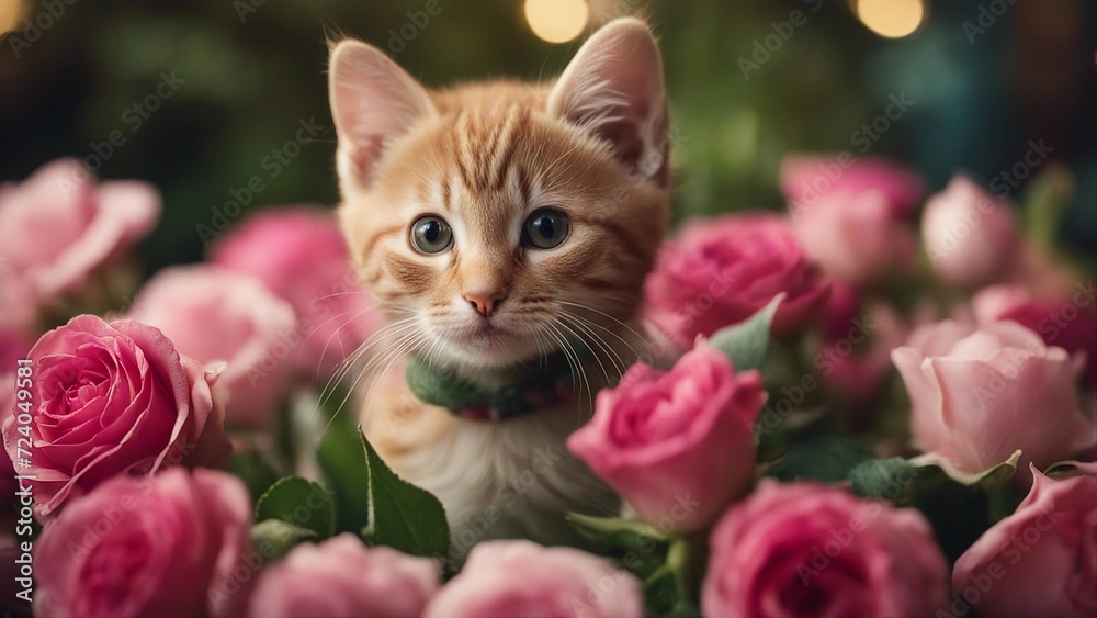 cat and flowers A comical kitten pretending to be a flower, with its ...