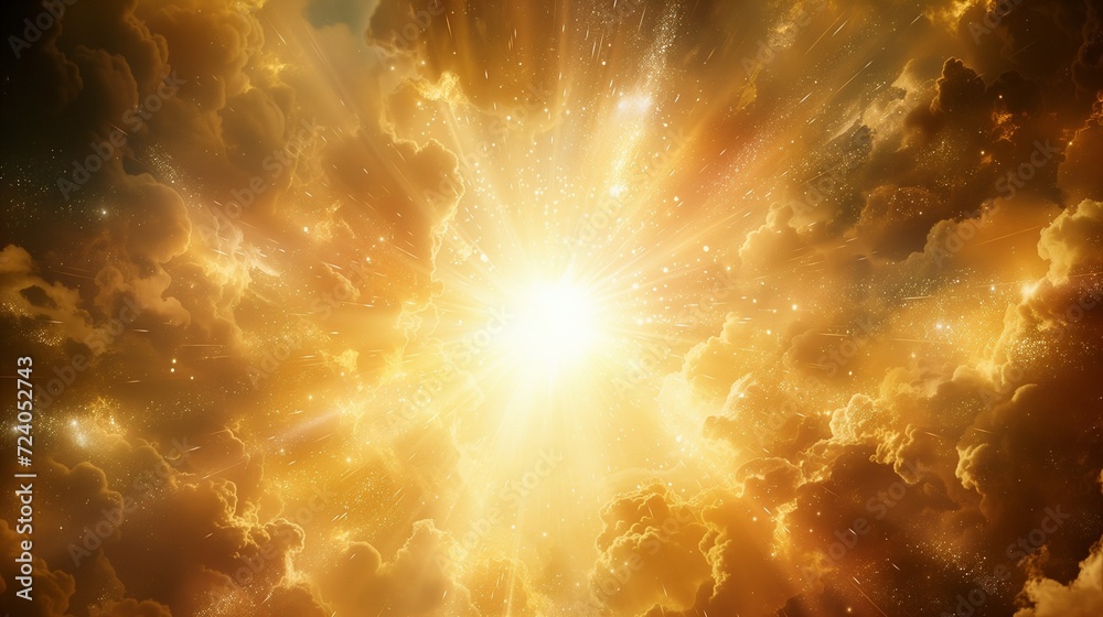 Shining with a bright golden light in the clouds. Divine light in ...