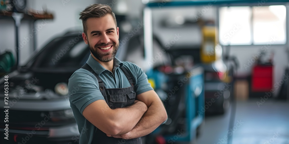 Confident mechanic smiling in a well-equipped garage. portrait of a ...