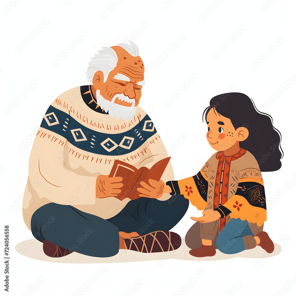 Indigenous elder sharing stories with grandchildren isolated on white ...