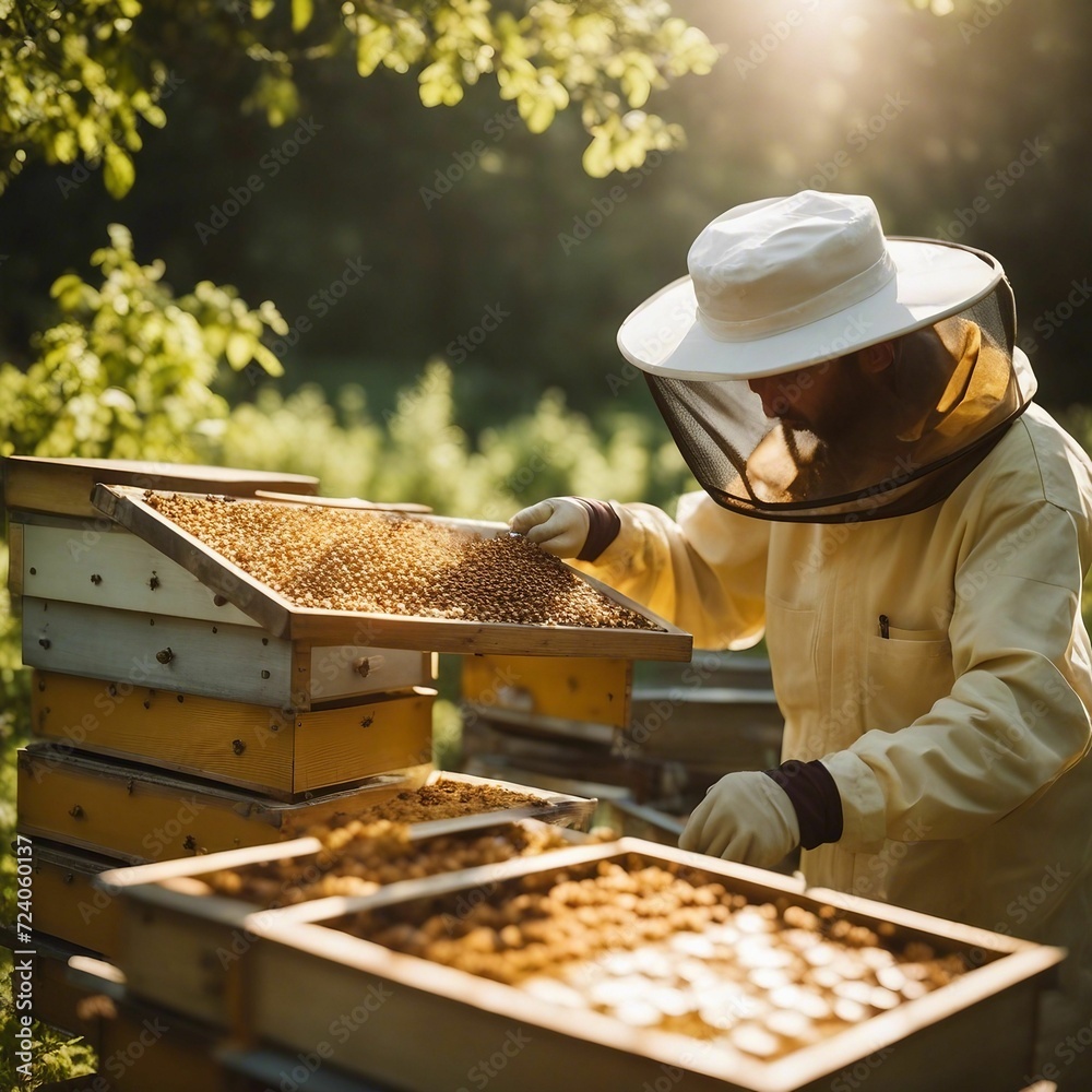 Busy Beekeeper Tending to Hives in Lush Bee Farm, a Symphony of Nature ...