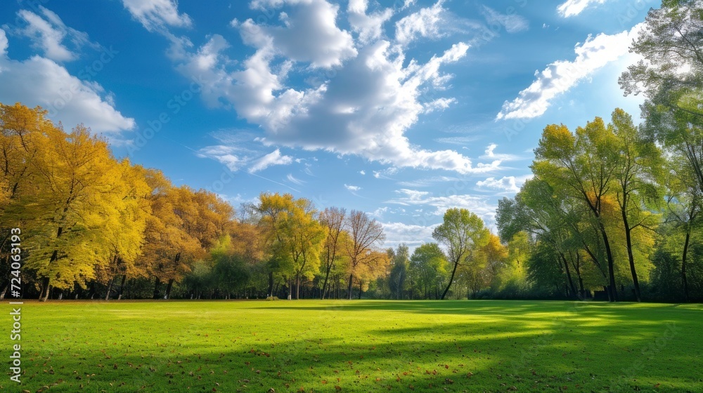 Beautiful natural park with a forested area in the background on a ...