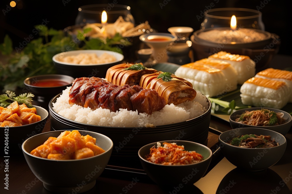 Aromatic Peking duck over rice with sides offers a classic and rich ...