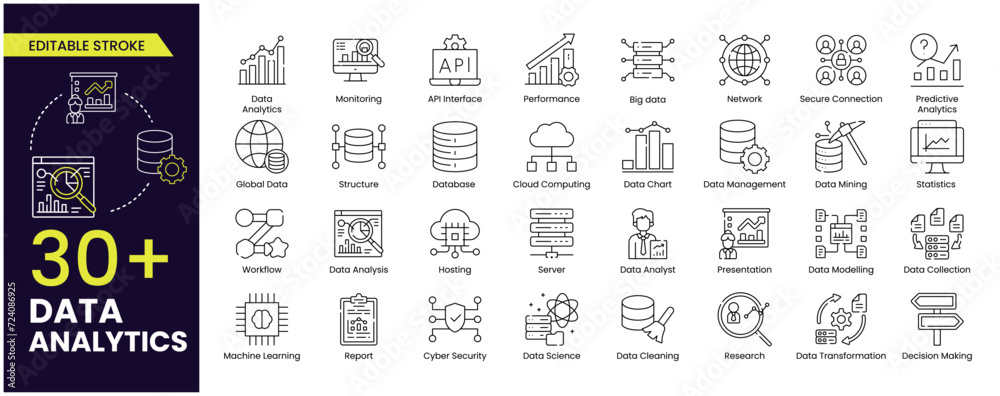 Data analytics Stroke icon set. Big data analysis technology symbol. Containing database ...