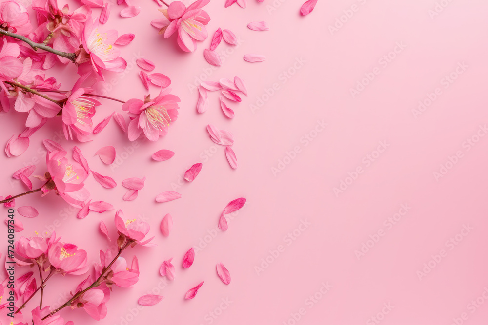 Pink spring background with delicate spring flowers with copy space ...