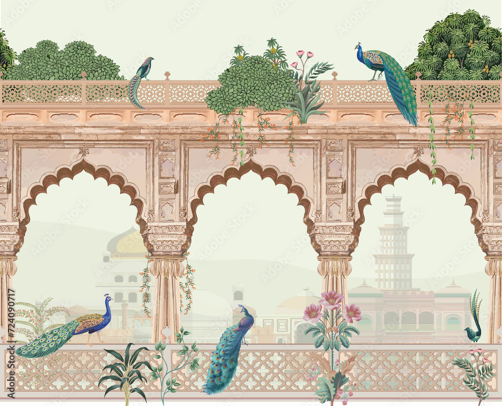Beautiful indian Mughal arch, palace, peacocks, parrot, garden, and ...