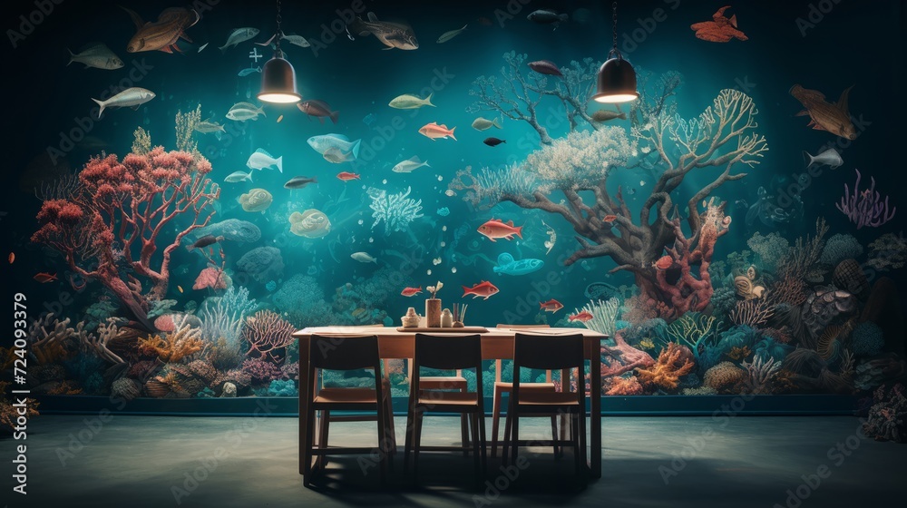 Surreal image of a classroom under the sea, with fish swimming around ...