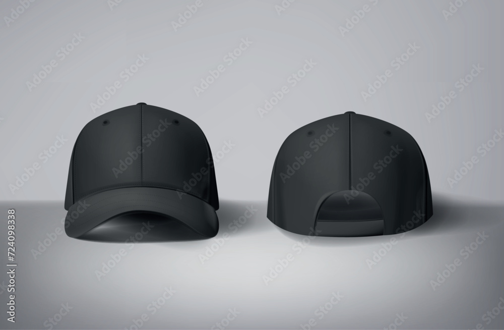 Black baseball caps mock up in gray background, front and back or ...