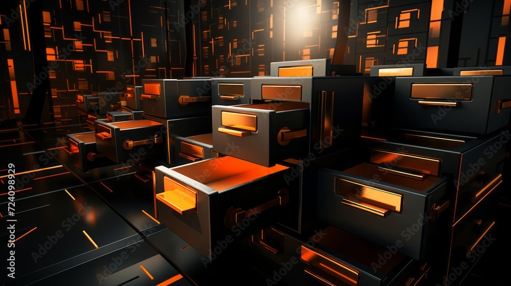 gleaming safe deposit boxes with one open drawer revealing orange ...