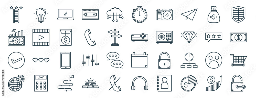 set of 40 outline web office icons such as lamp, increase, check button ...