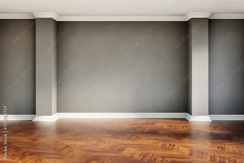 Empty room with gray plaster wall and wooden floor. Modern home ...