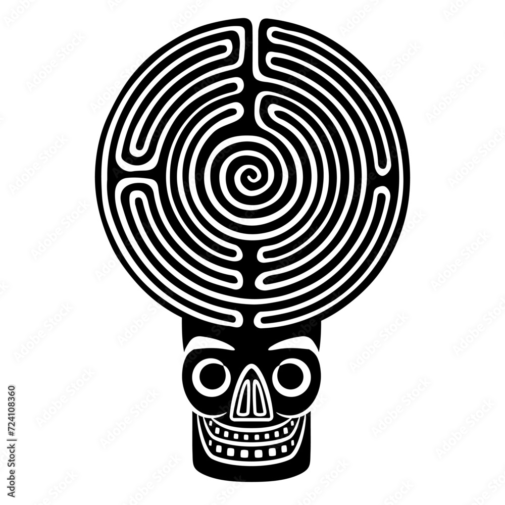Round spiral maze or labyrinth symbol with human skull. Native American ...