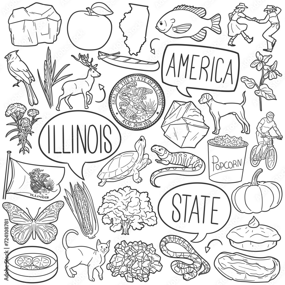 Illinois State Doodle Icons Black and White Line Art. United States ...