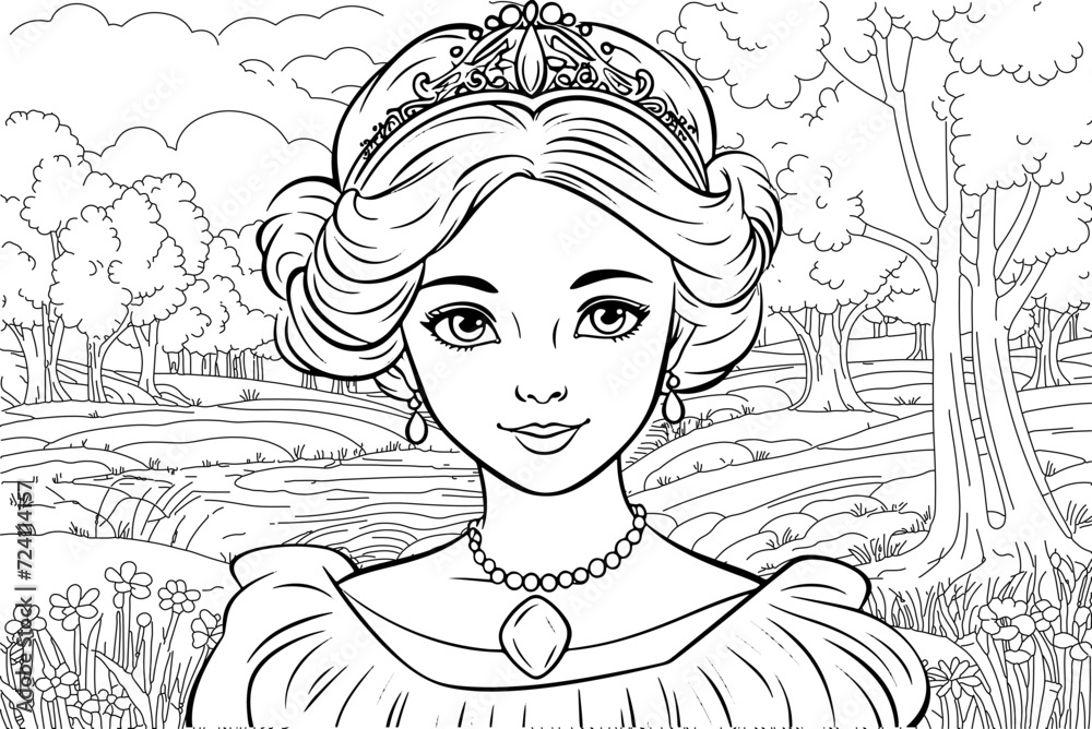 Young princess portrait coloring page. Outline black ink drawing ...