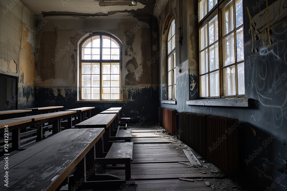 An empty, dark, abandoned classroom with old tables, desks and benches ...