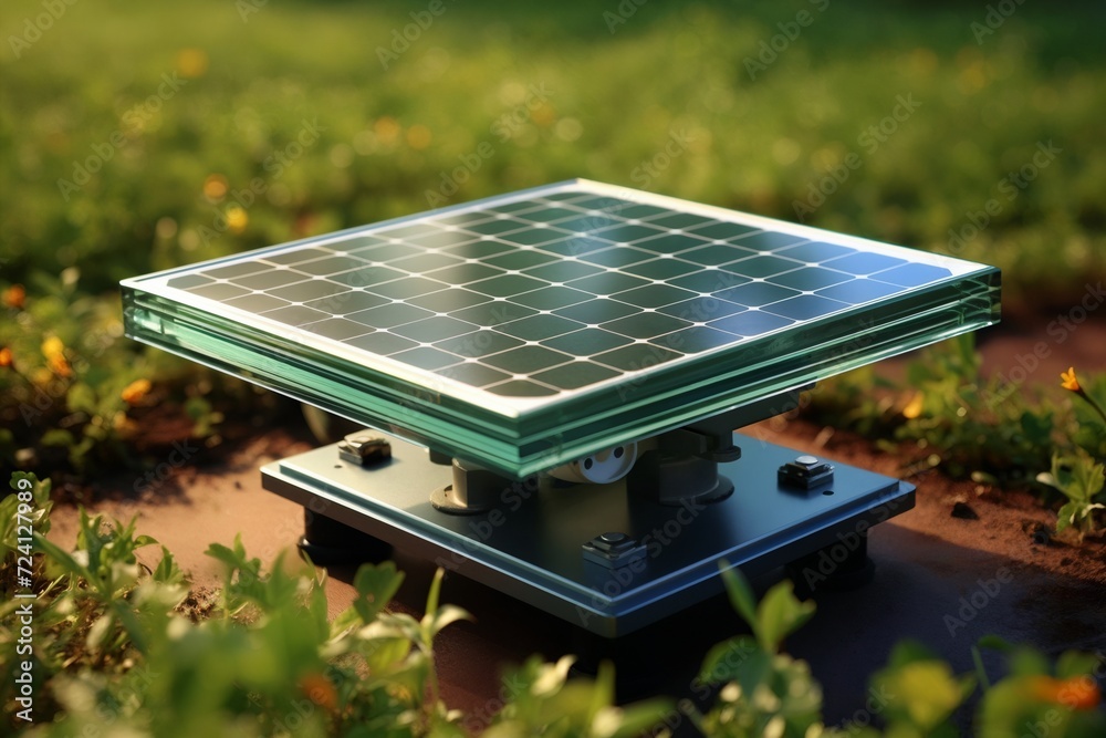 Solar panels in the garden. Solar power plant among trees and bushes ...