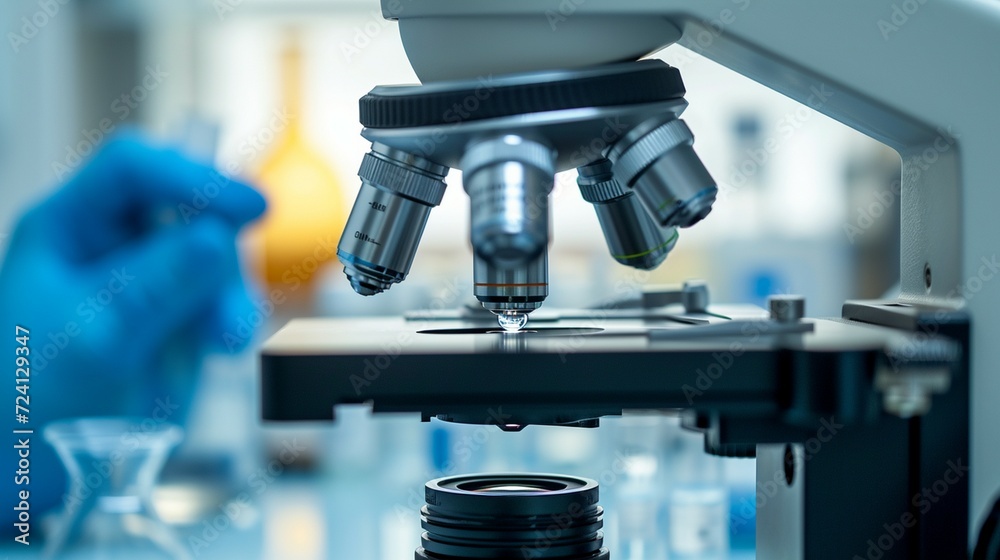 Examination of the sample with germs and bacteria under a microscope ...