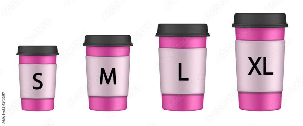 Set of different takeaway hot and cold beverage sizes. Paper cup size ...
