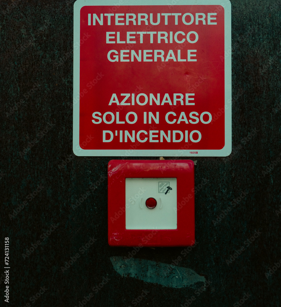 Italian fire system alarm prevention. Red sign warning switch alarm ...