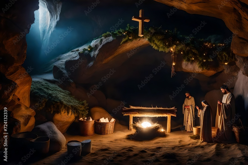 Christian Christmas scene with empty wooden manger, star of Bethlehem ...