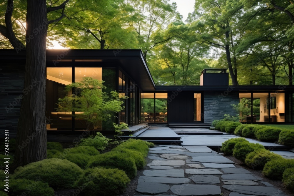 A traditional wooden house surrounded by dense trees, with a stone path ...