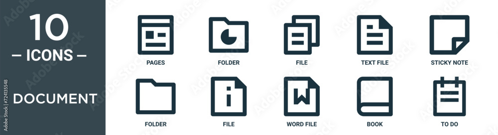 document outline icon set includes thin line pages, folder, file, text file, sticky note, folder ...