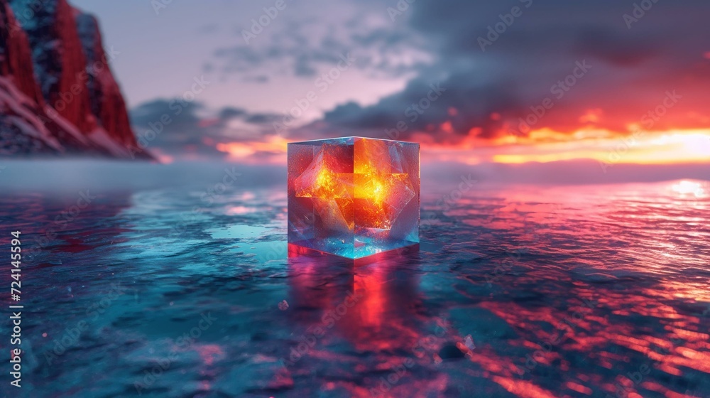 A surreal scene of a fiery ember encased in ice against a polar backdrop. Stock Illustration ...