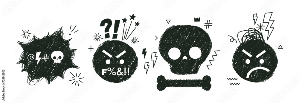 Swearing emoji icons set. A set with hand drawn vector angry faces ...
