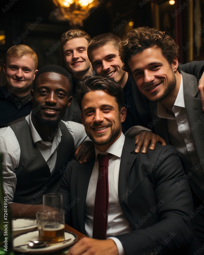bachelor party concept. Lots of handsome men in suits on blurred ...