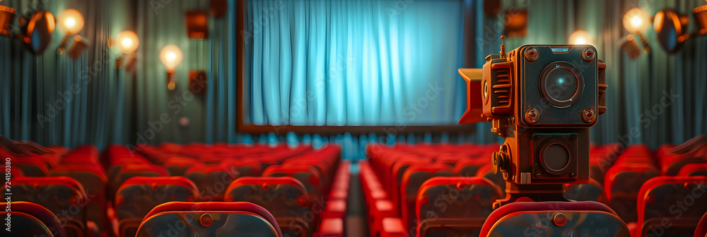 Retro movie camera in an old-time cinema, spotlight on red audience ...