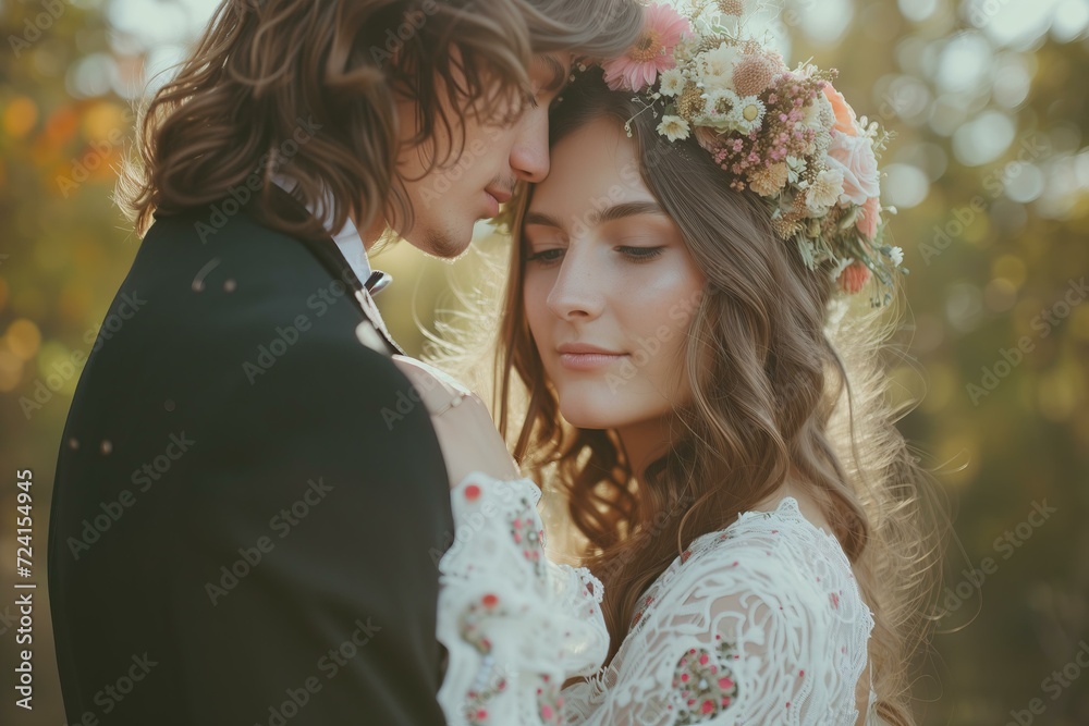 young bride with a flower crown and 70s style wedding dress with a ...