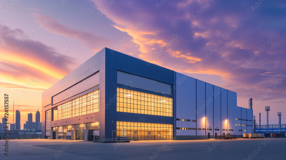 Modern Industrial Warehouse Complex at Twilight - Logistics Center with Illuminated Facade ...