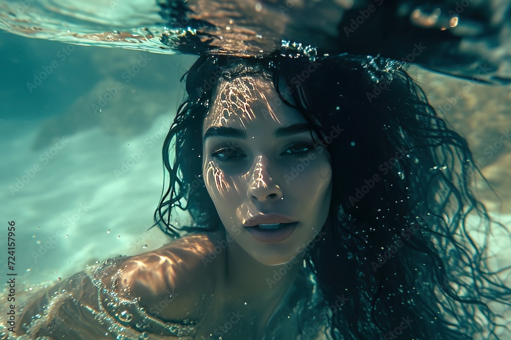 movie still, hot mermaid, with very long black hair, fantasy mermaid ...