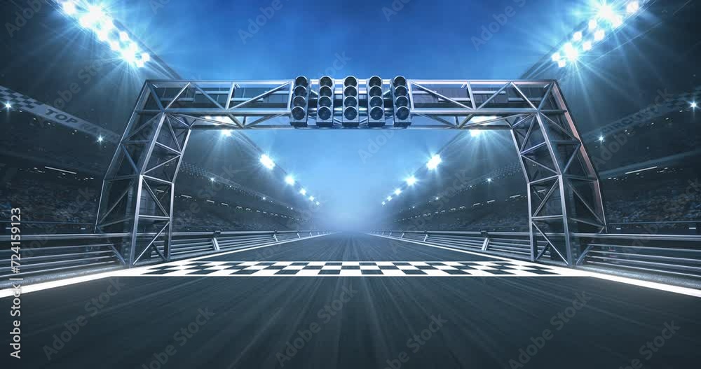 Racing track and finish line with gate and shining spotlights on sport ...
