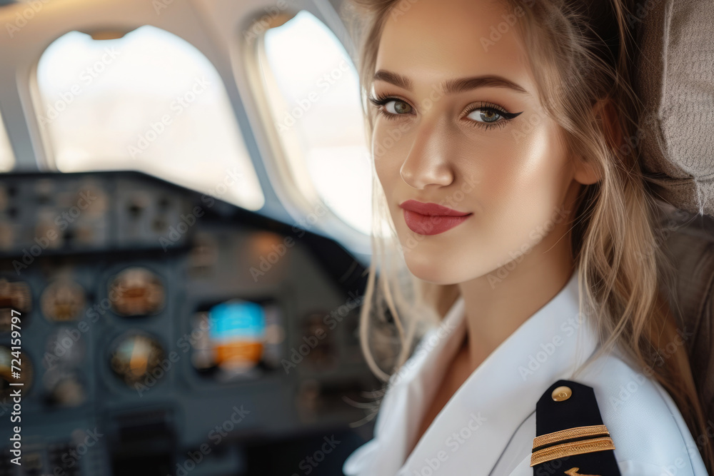 Beautiful female stewardess in airplane, Flight attendants on airplane ...