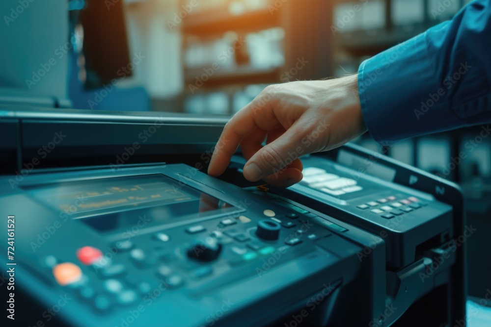 A hand is pressing a button on a control panel. This image can be used ...