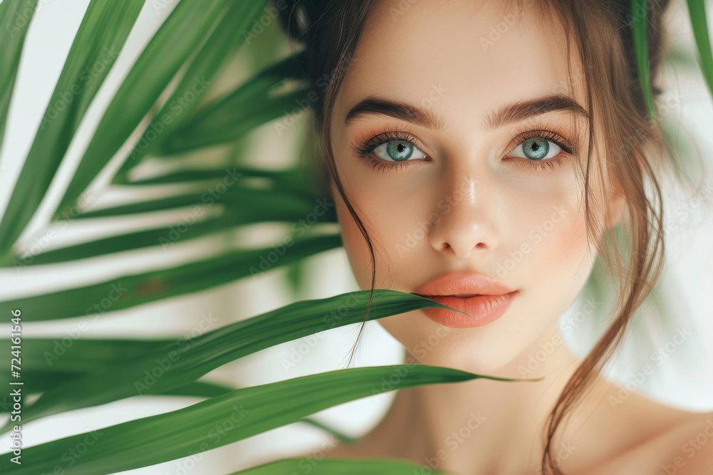 blue-eyed woman with freckles in the jungle peeks out from behind a ...