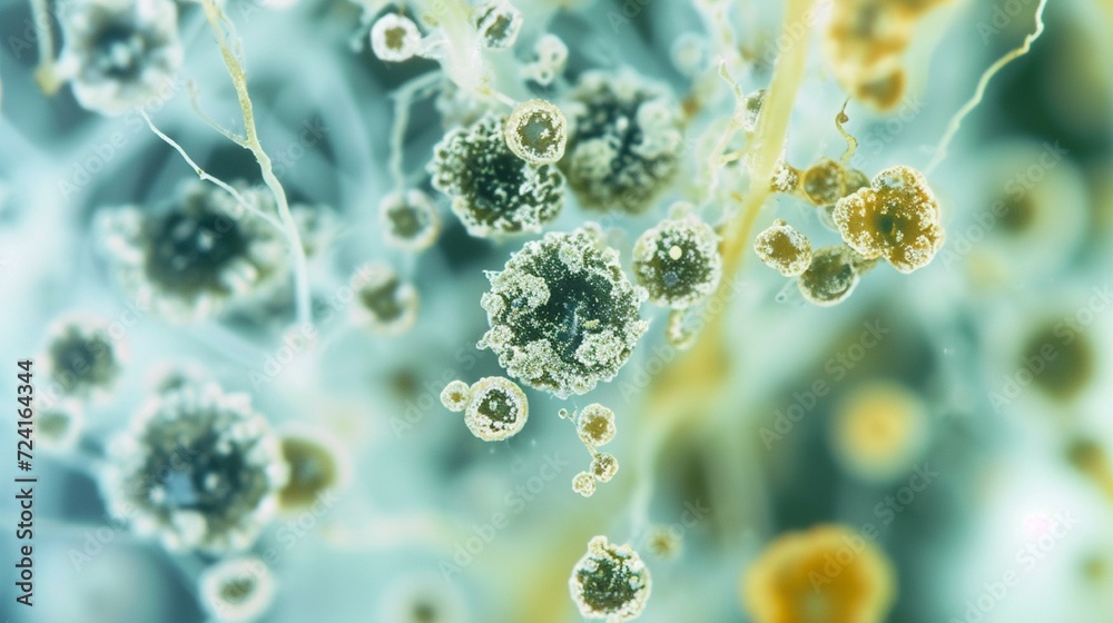 Green Penicillium mold under the microscope. Macro photography. Stock ...