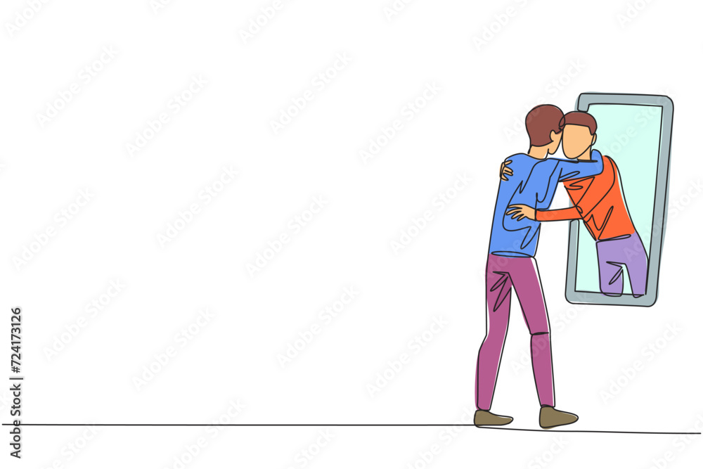 Single continuous line drawing of young happy trendy man stand in front ...