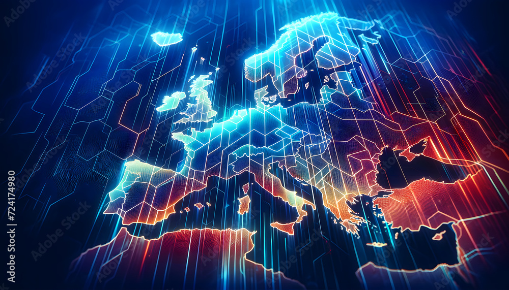 Digitalization in Europe. EU map with digital data lines and points ...