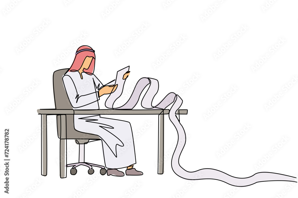 Single continuous line drawing Arab businessman sitting in work chair ...