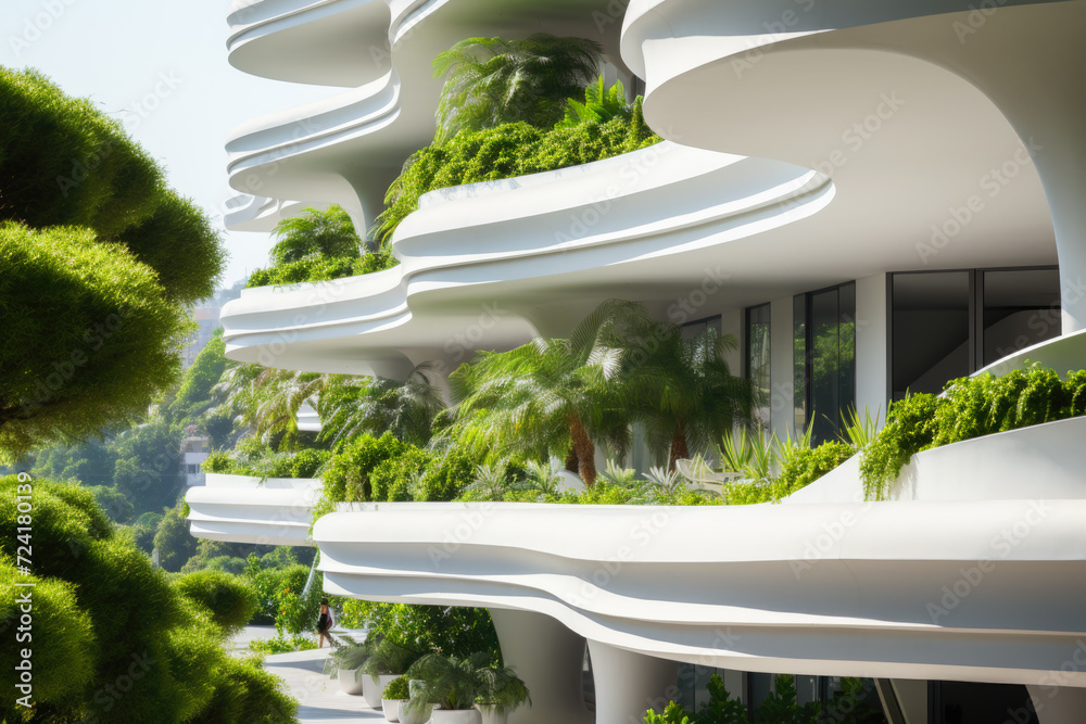 Shaped terraces with green plants on city building exterior, wavy ...