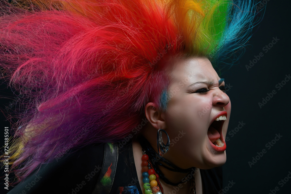 LGBT pride activist with rainbow color hairstyle shouting for equity ...