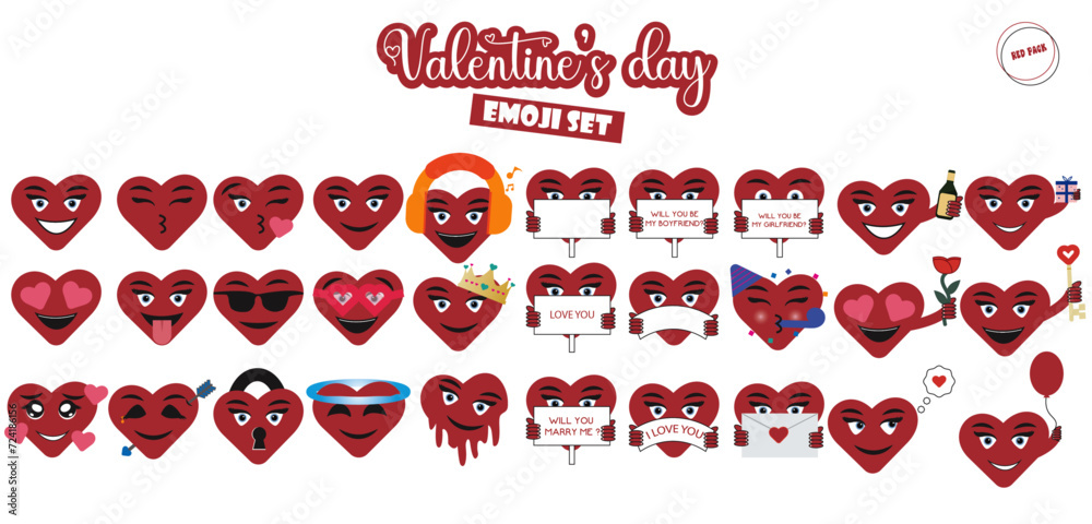 Set of heart emoji. Red heart collection isolated on white background ...
