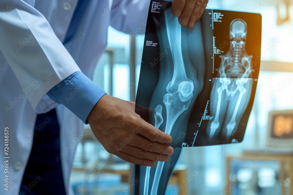 Orthopedic surgeon doctor examining patient's knee joint x-ray films, MRI bone, CT scan in at ...
