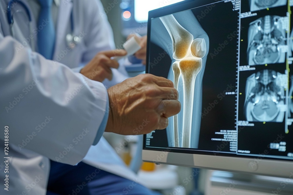Orthopedic surgeon doctor examining patient's knee joint x-ray films ...