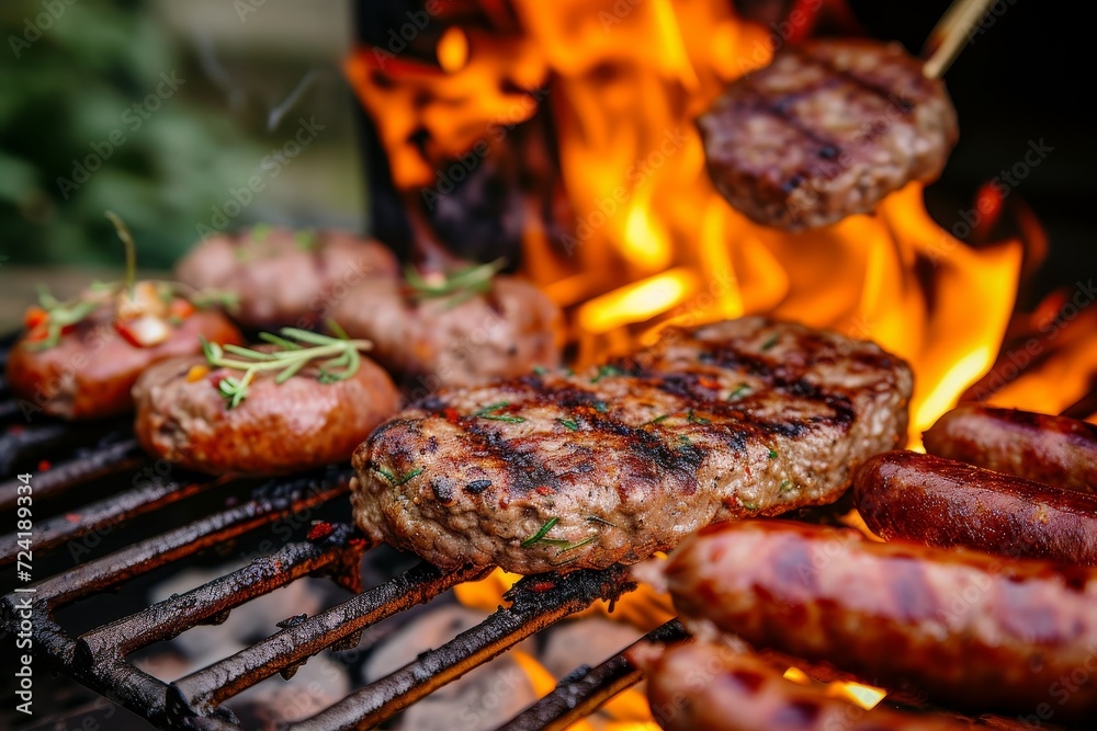 Flames dance on the barbecue grill as a mouthwatering array of meat ...